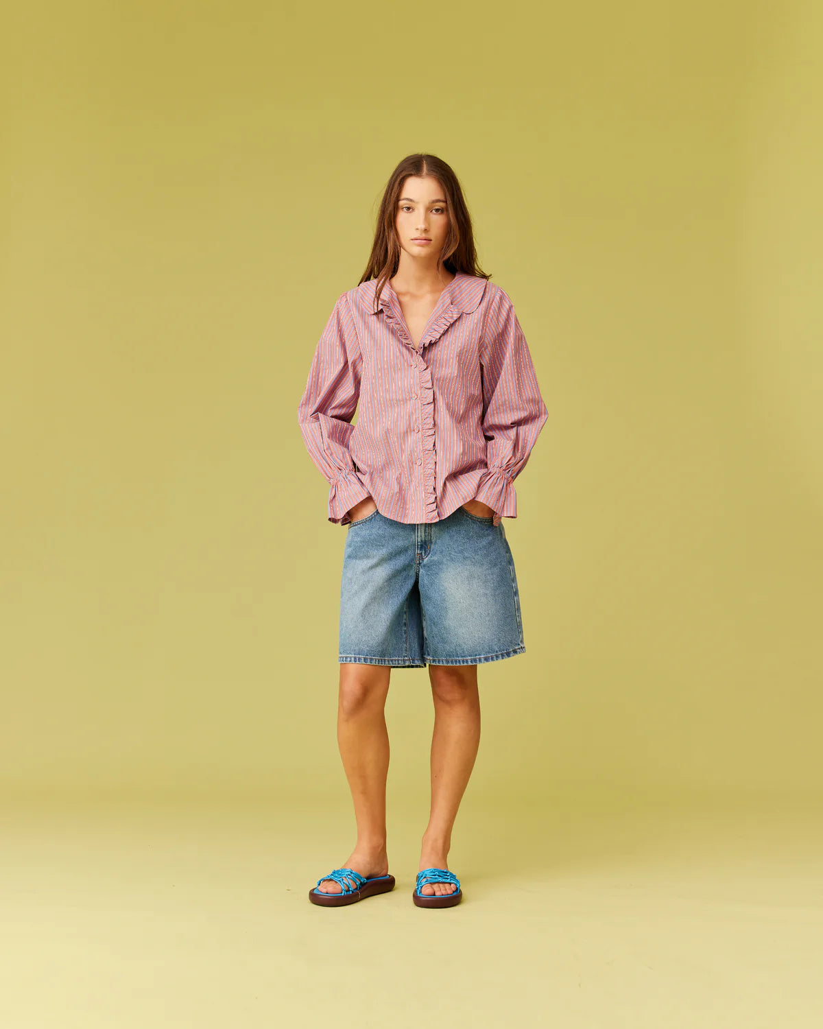 RUBY Sandler Ruffle Shirt | Firewhirl Brown Stripe – The Hanger
